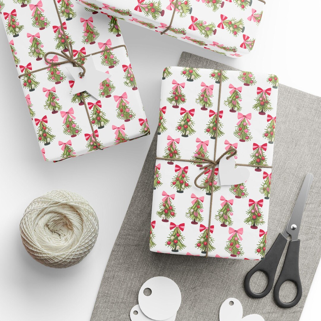 Pink Bows Christmas Trees Wrapping Paper Christmas Gift Wrap Holiday ...
