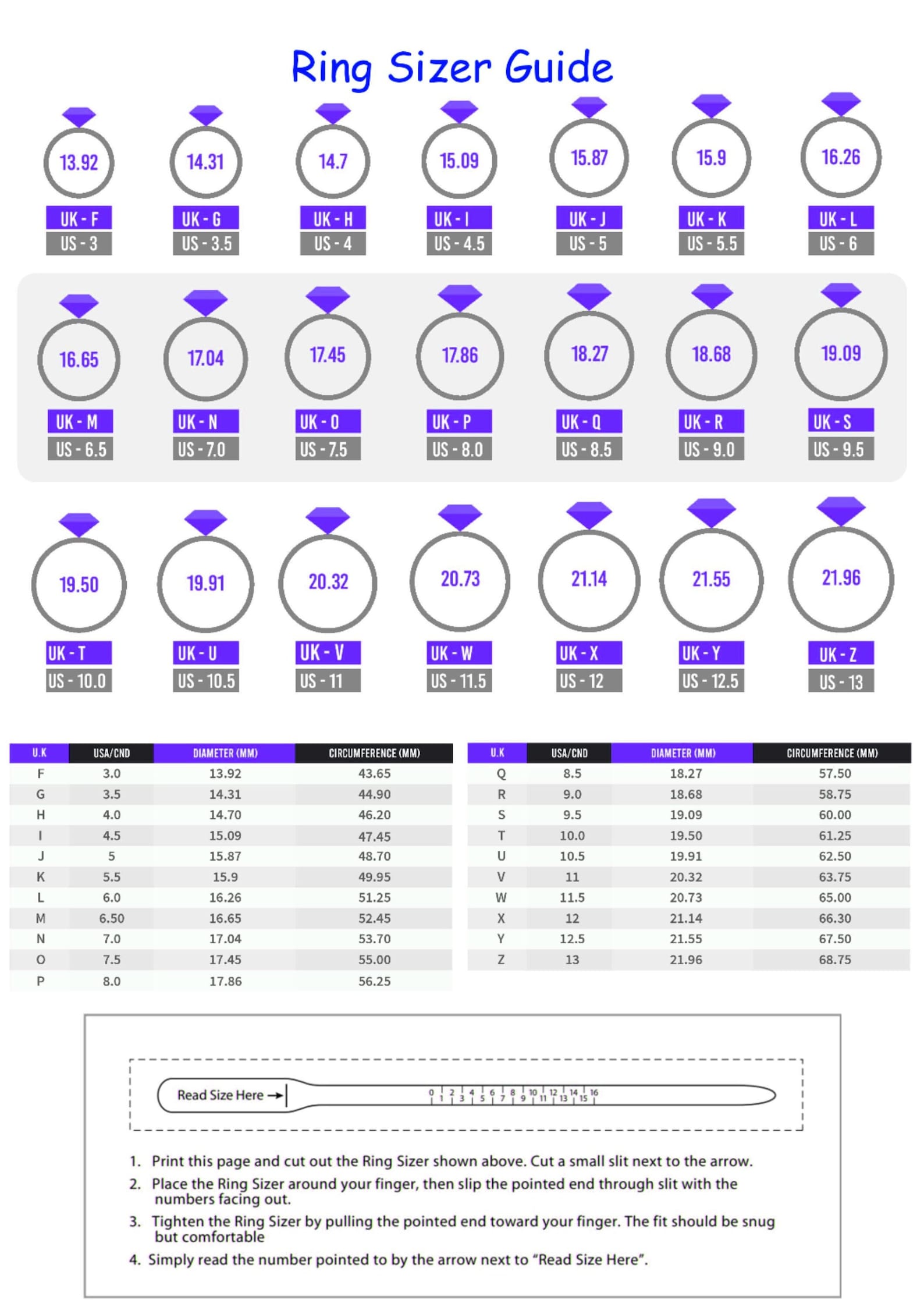 Printable Ring Size Chart: US & UK Sizes (instant Download) - Etsy