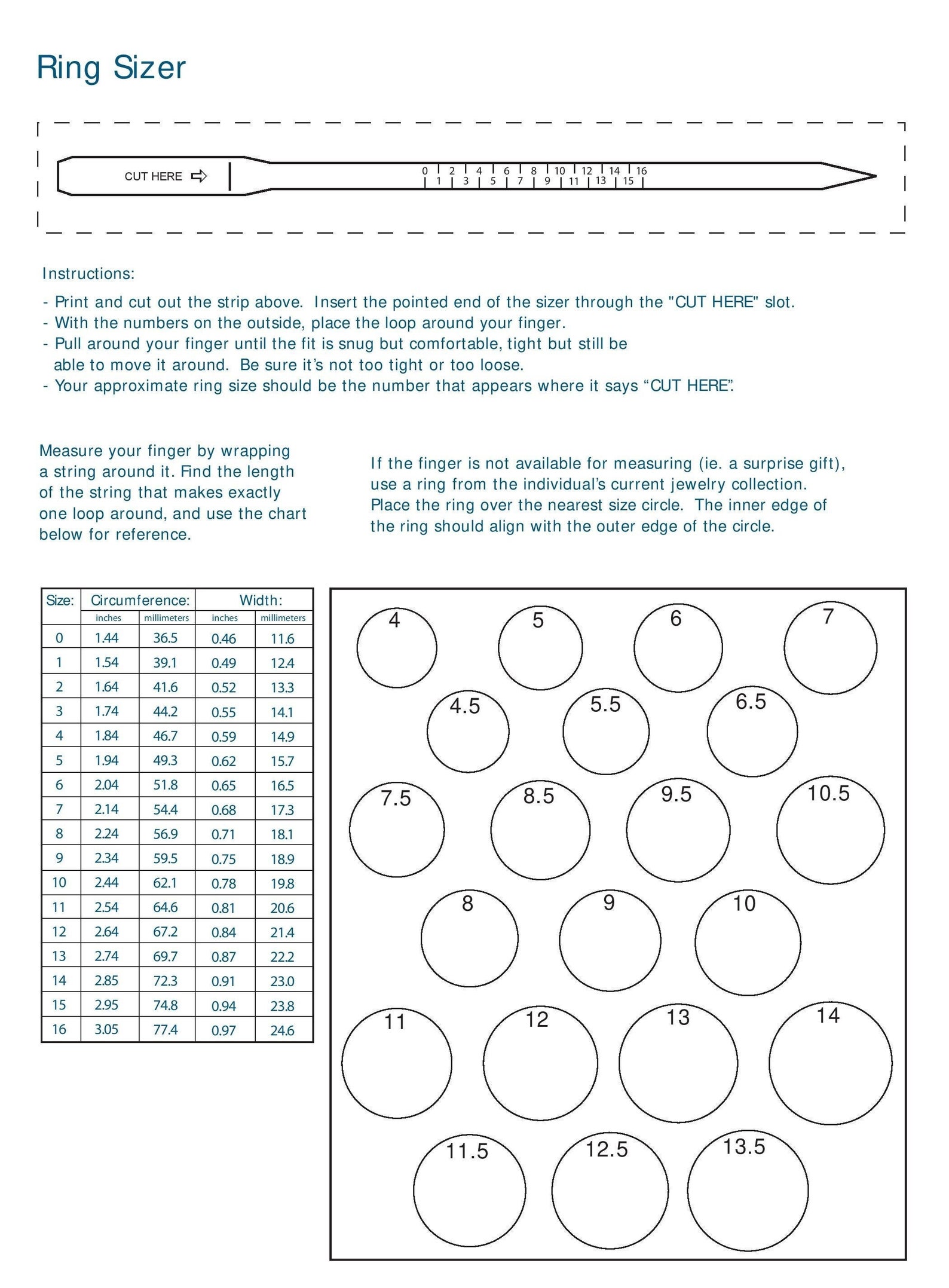 Printable Ring Sizer: International Size Chart (instant Download) - Etsy