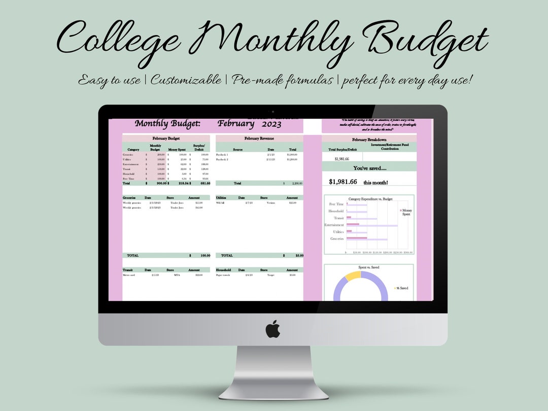 Monthly Budget Template: College Edition | Savings Tracker | 2022 ...
