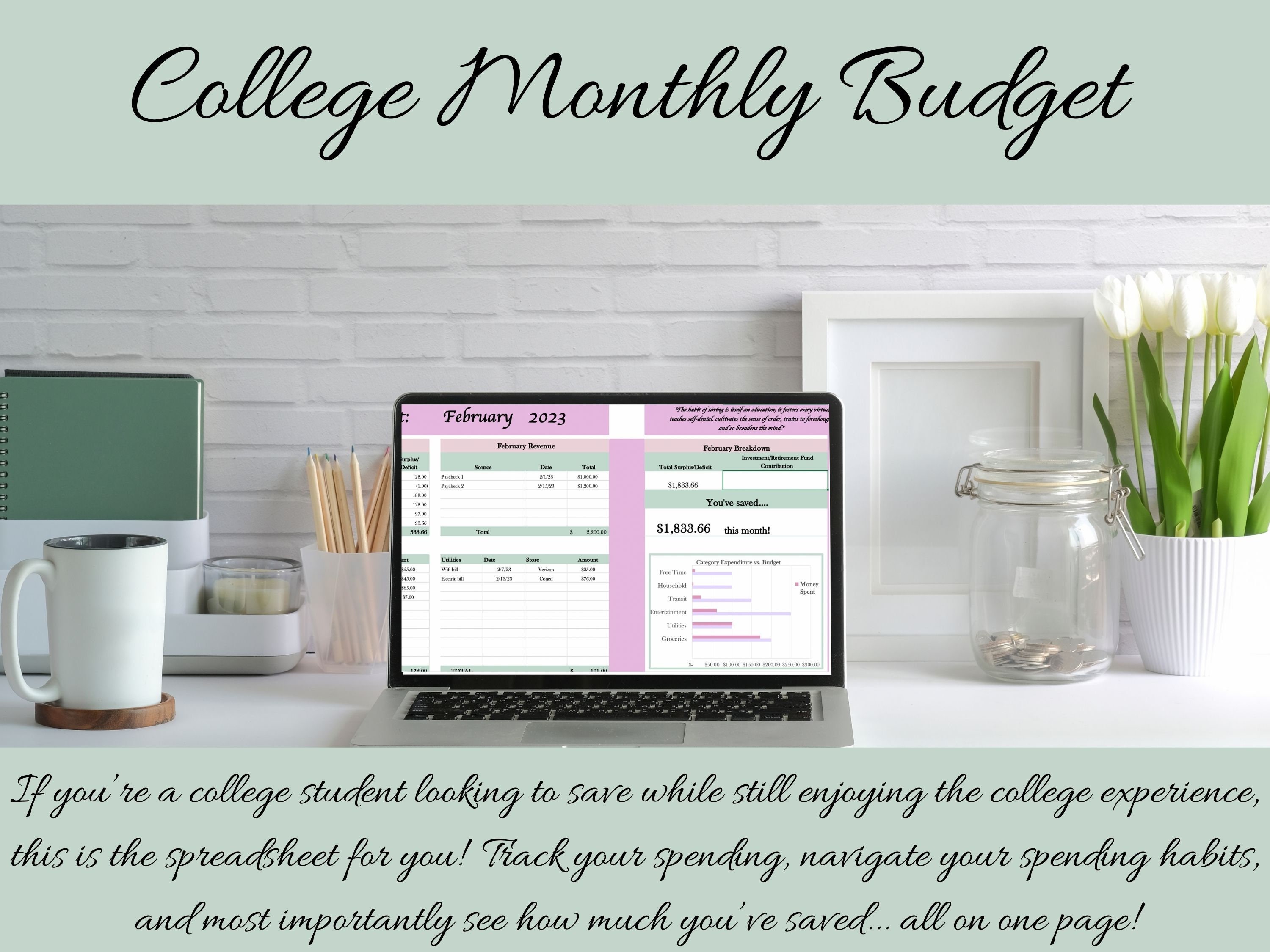Monthly Budget Template: College Edition Savings Tracker 2022 Financial ...