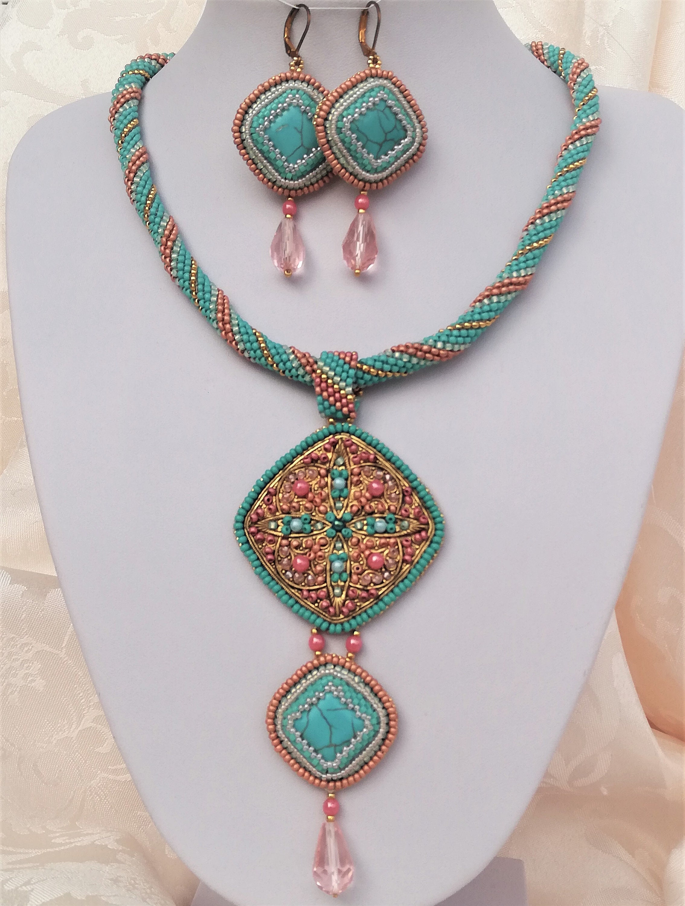 Turquise-pink Spring Embroidered Set, Boho Jewellery Set, Embroidered ...