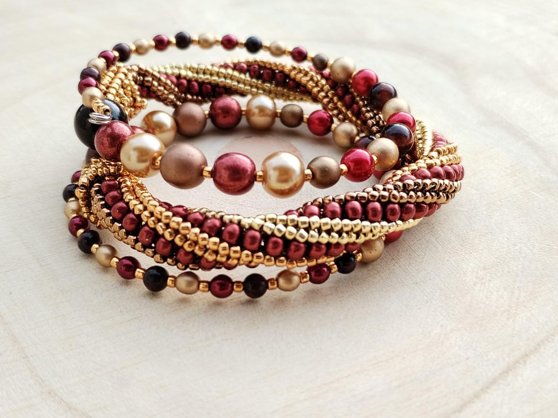 Diy-tutorial Crimson-gold Tubular Herringbone Beaded Bracelet (PDF ...