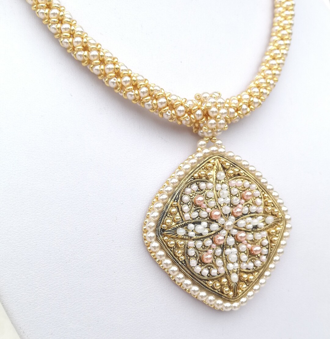 Gold Filigree Embroidered Pendant With Beadwoven Necklace, OOAK ...