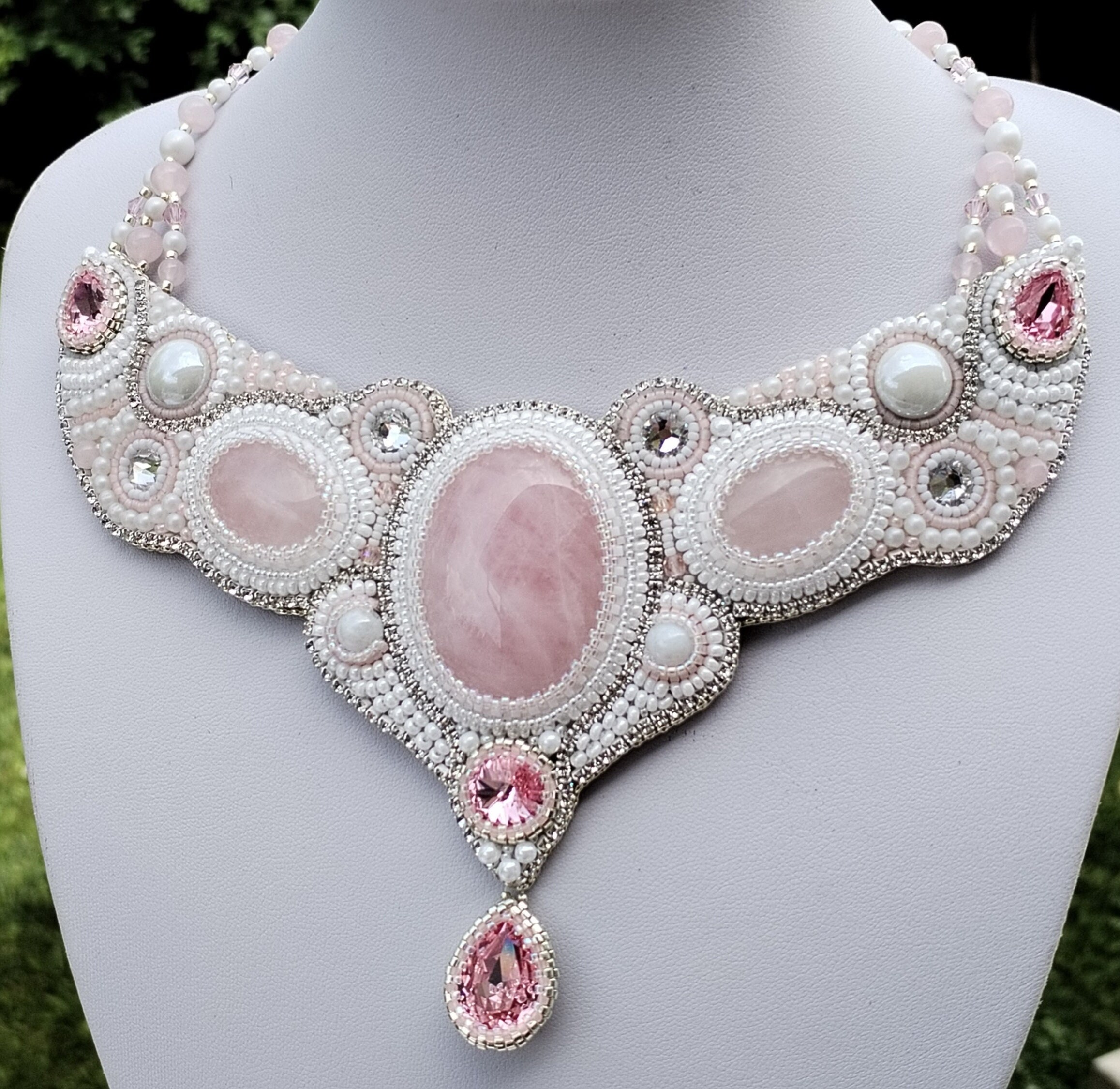 Pink Lady Neckpiece, Beadembroidery Jewellery, OOAK, Rose Quartz ...
