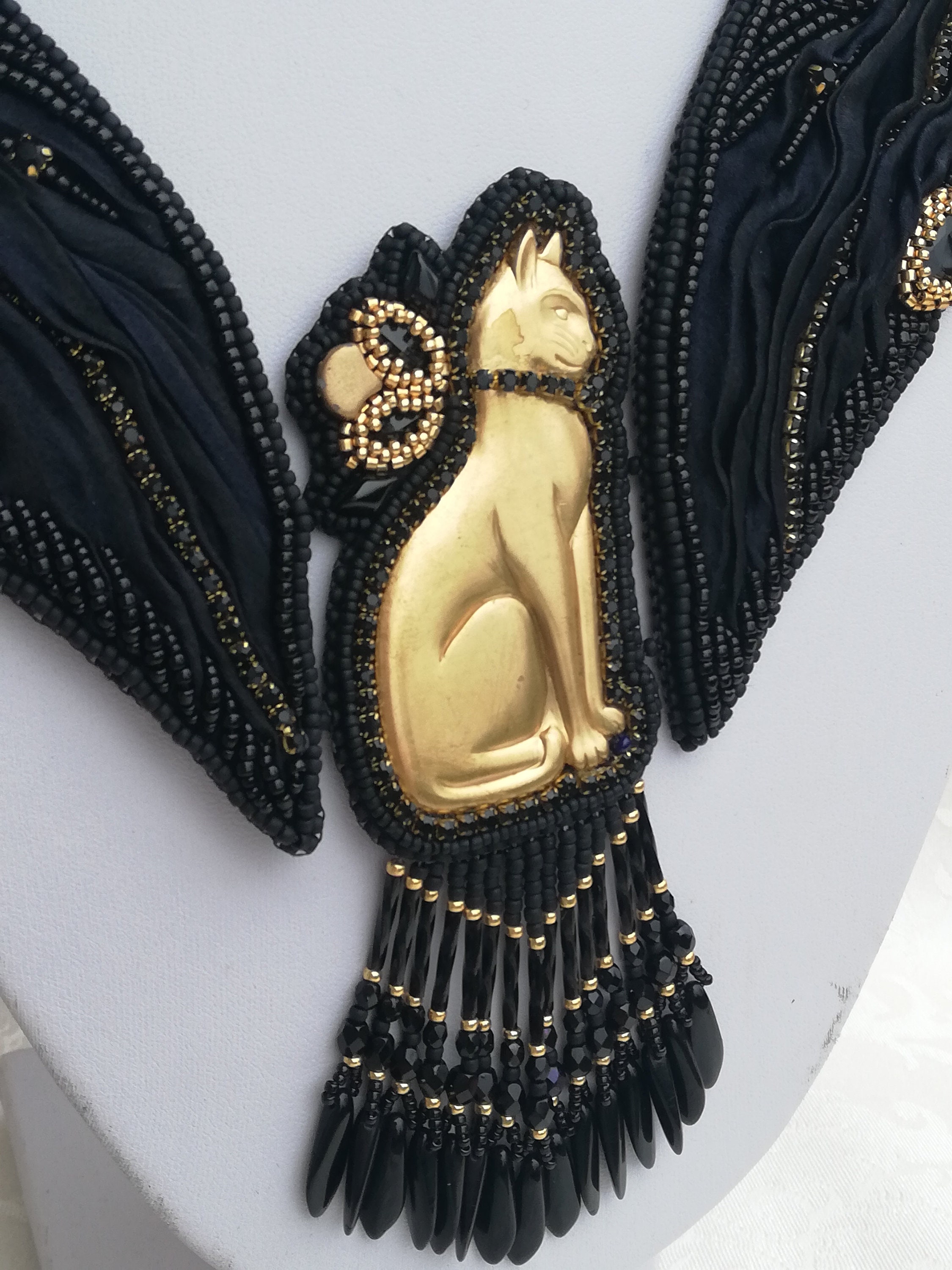 Chat Noir Black Shibori Silk Statement Necklace, Gold Cat Pendant ...