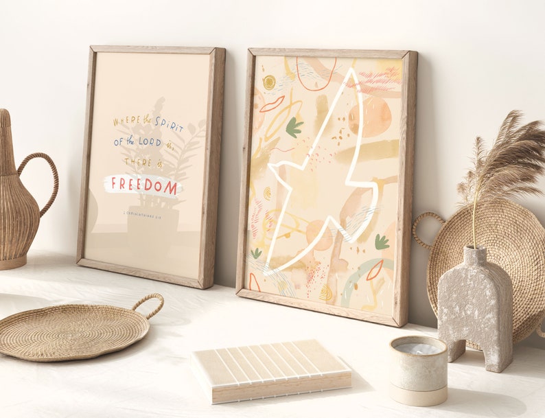 Set of 2 Beige Christian Posters, Holy Spirit Digital Wall Art, Where ...