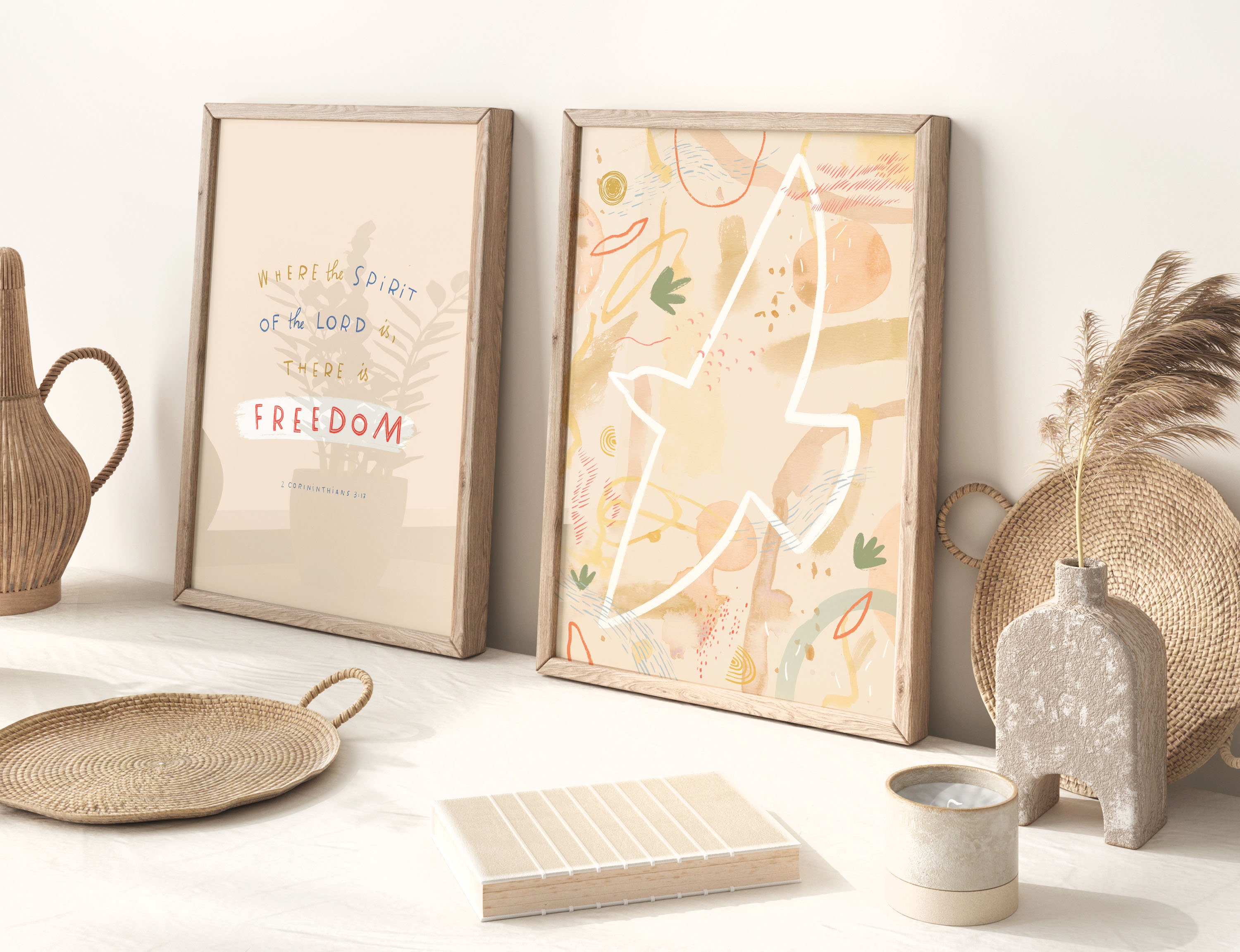 Set of 2 Beige Christian Posters, Holy Spirit Digital Wall Art, Where ...