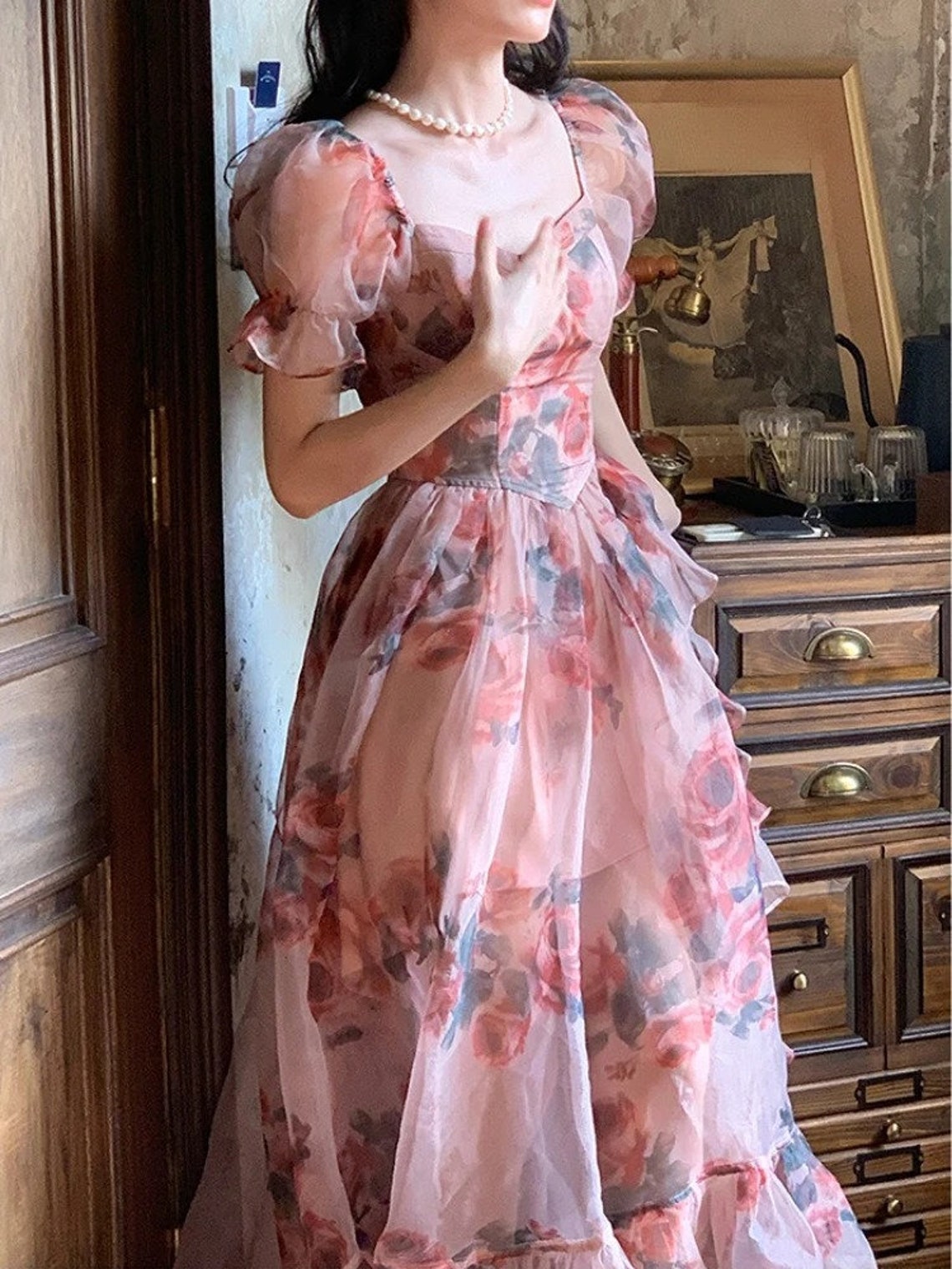 Pink Floral Elegant Party Fairy Dress Princess Midi Dress for Women - Etsy