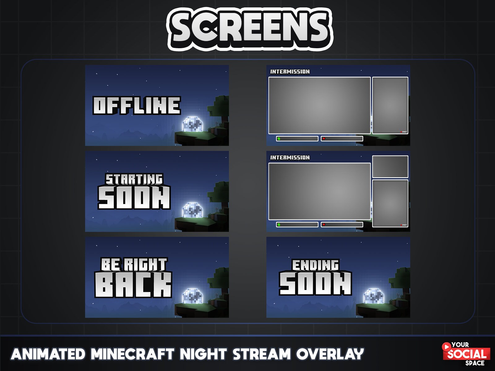 ANIMATED Minecraft Twitch Overlay Pack | Minecraft Night Package ...
