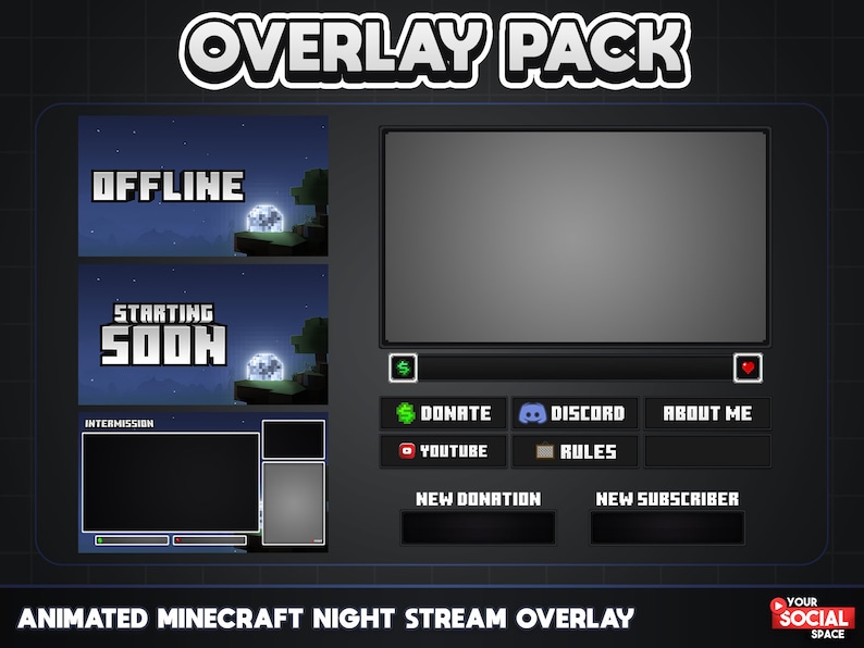 ANIMATED Minecraft Twitch Overlay Pack | Minecraft Night Package ...