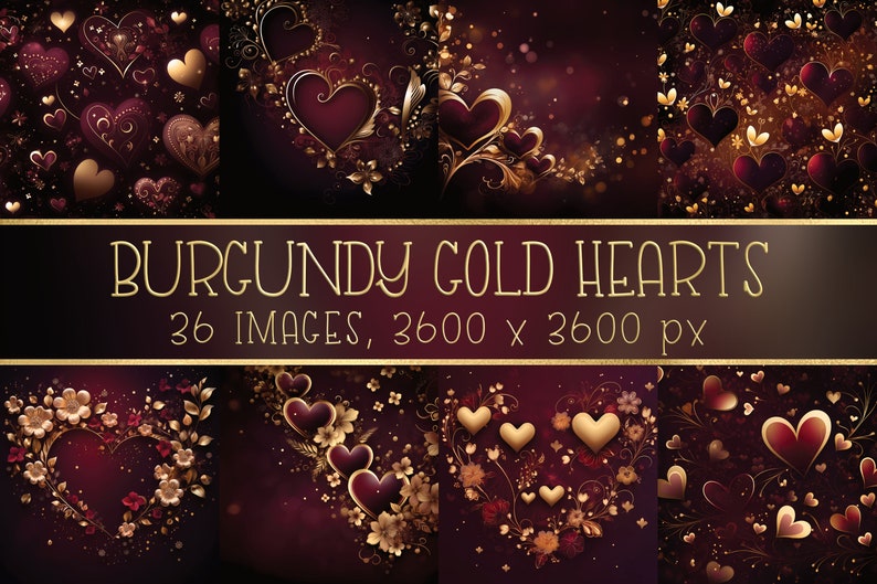Burgundy Gold Heart Pattern Printable Digital Papers for Valentine Day ...