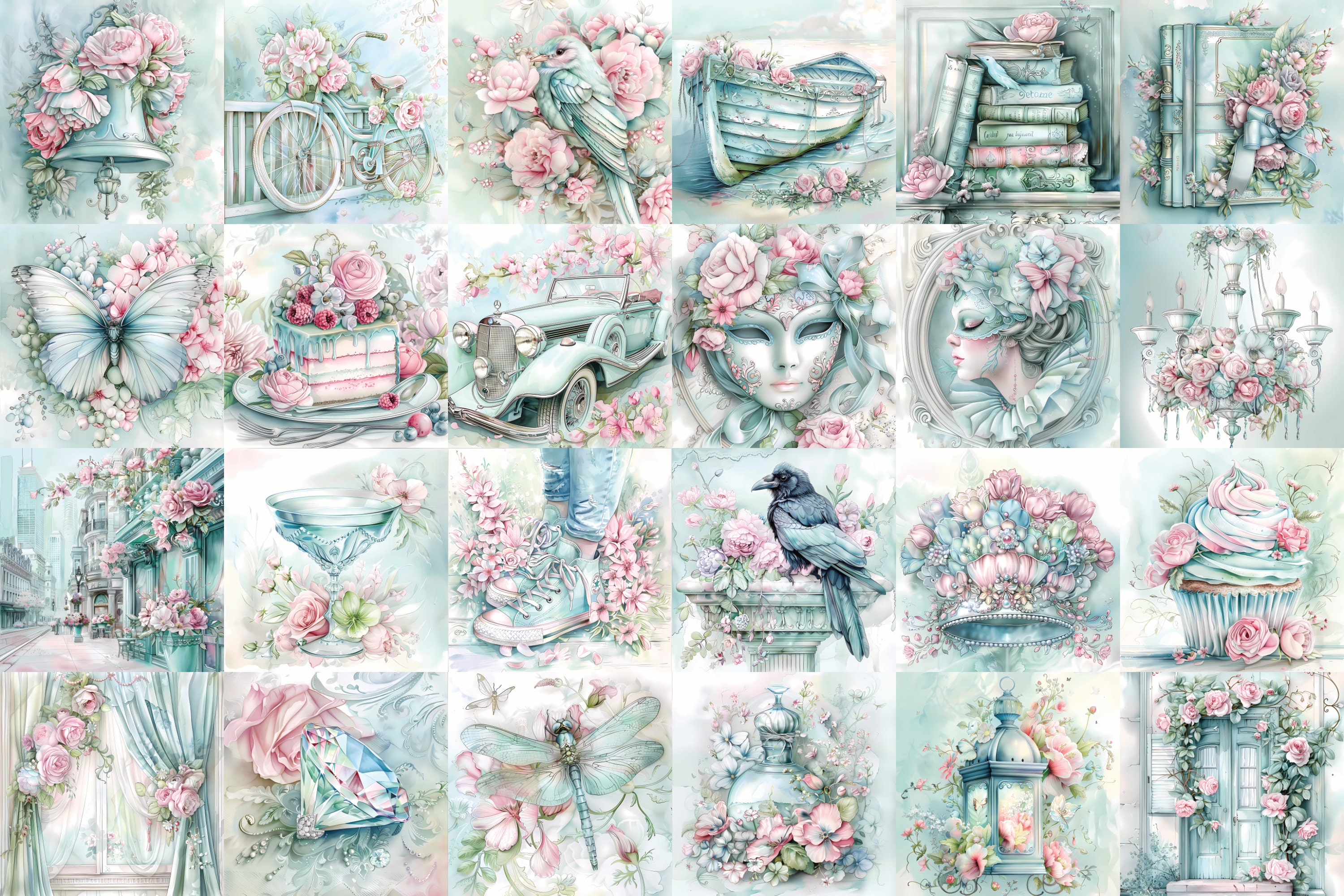 Shabby Chic Scrapbook Paper Bundle, Romantic Wall Art, Vintage ...