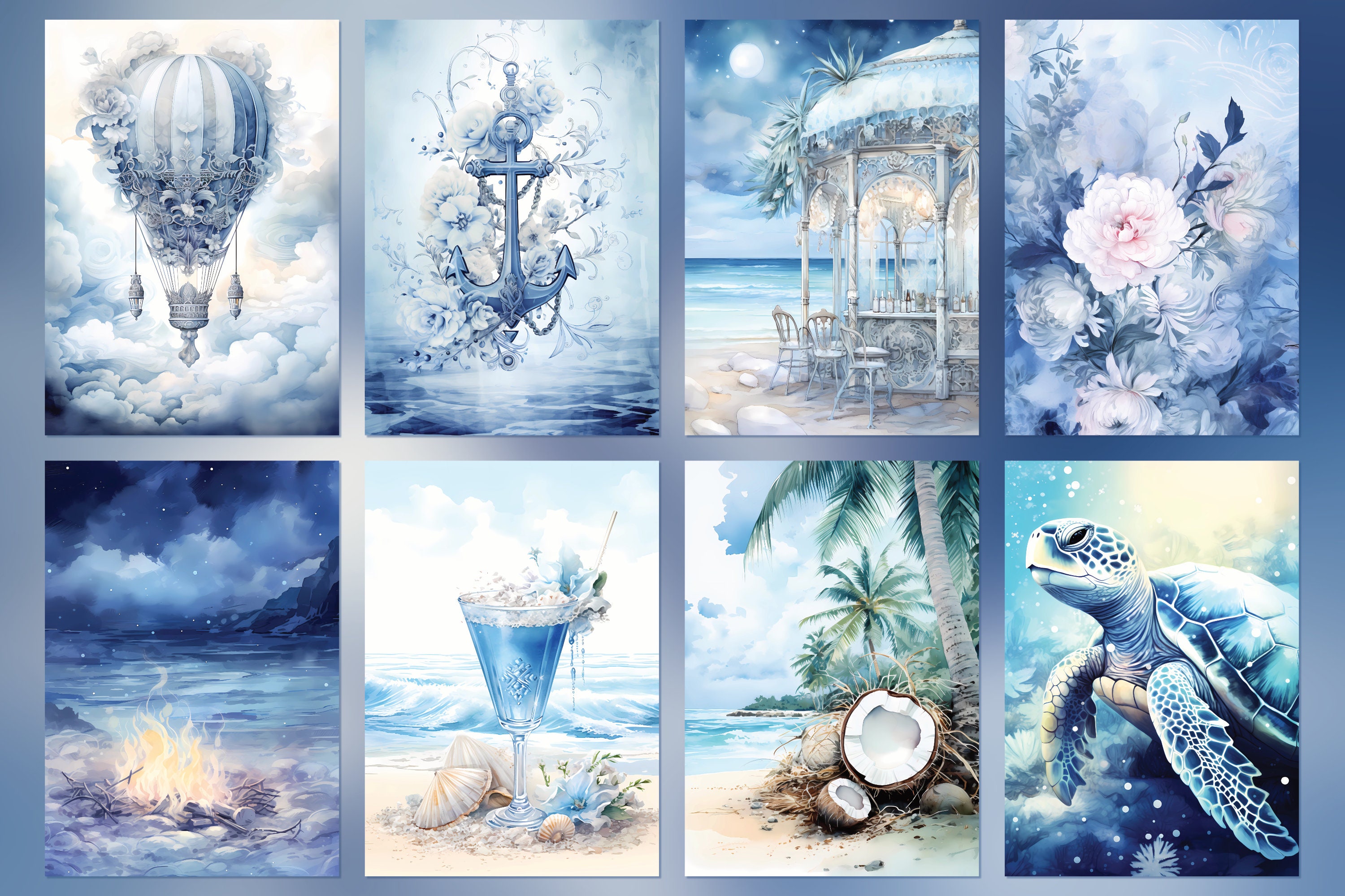 Blue Beach Shabby Chic Printable Digital Papers. Downloads for Junk ...