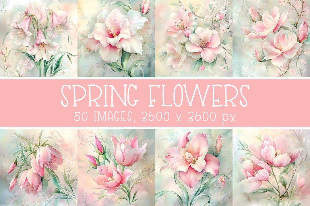 Pastel Spring Flower Digital Paper Set: Pastel Pink Green Floral ...