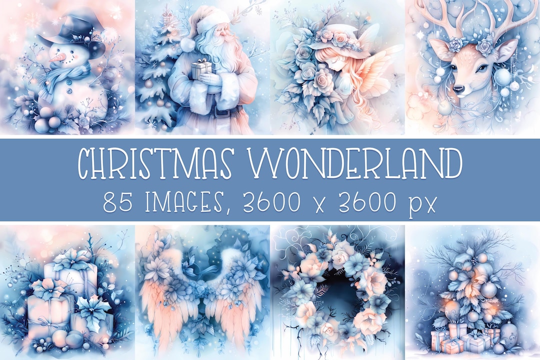 Christmas Winter Wonderland Digital Paper Bundle: Blue Pink Watercolor ...