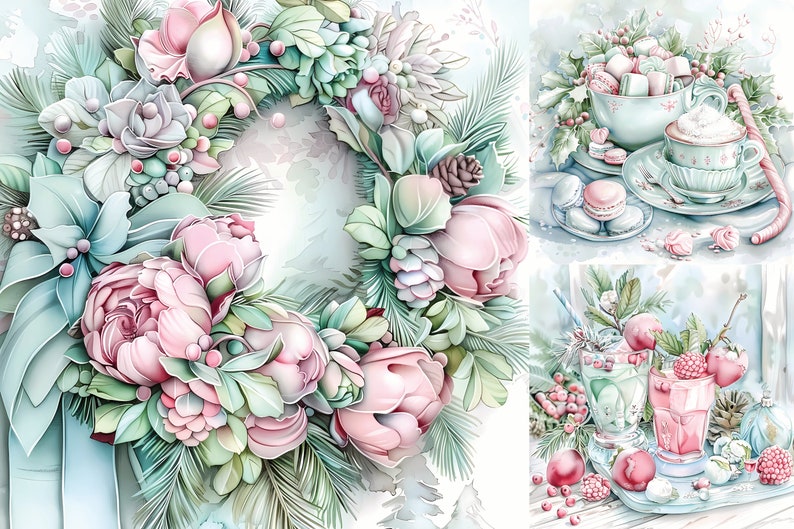 Mint Green Pink Christmas: Digital Paper Bundle, Scrapbooking & Crafts ...