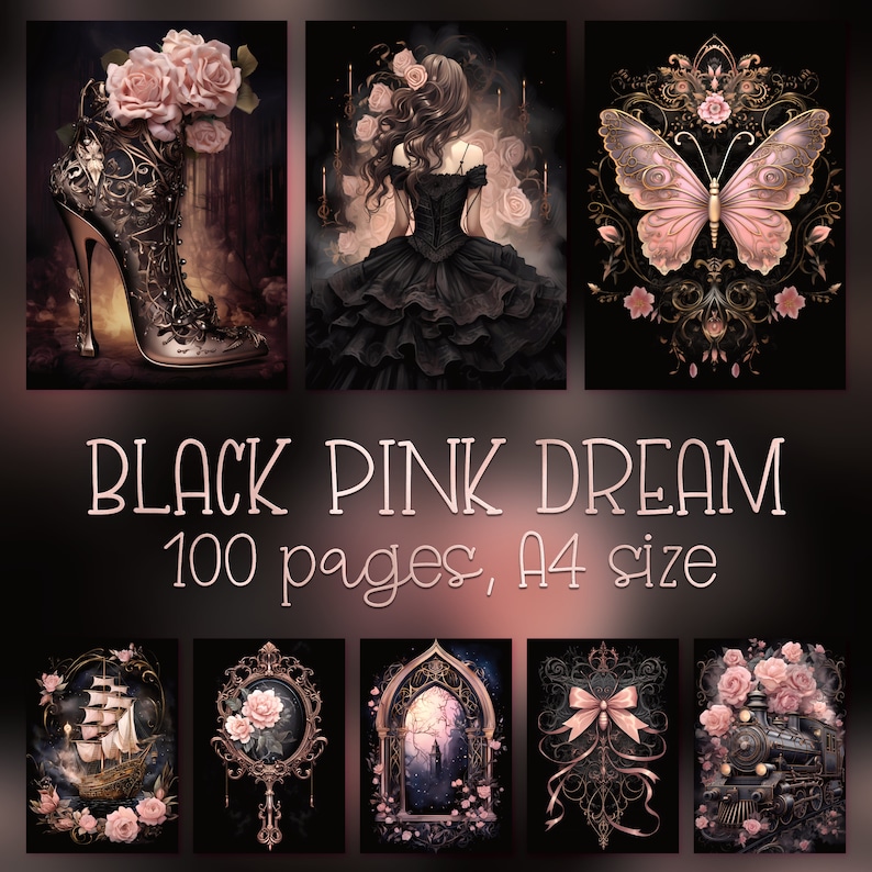 Black Pink Junk Journal Pages: Digital Paper Bundle, Shabby Chic Gothic ...