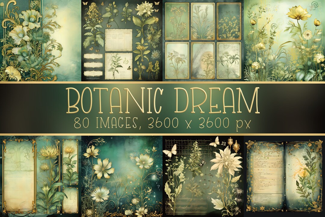 Green Botanic Printable Digital Papers for Scrapbooking, Ephemera ...
