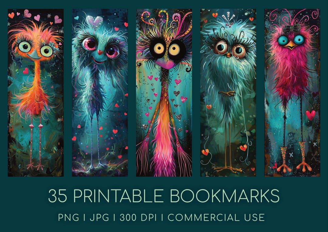 Cute Quirky Blue Green Creatures Printable Bookmark Set for Book Lovers ...