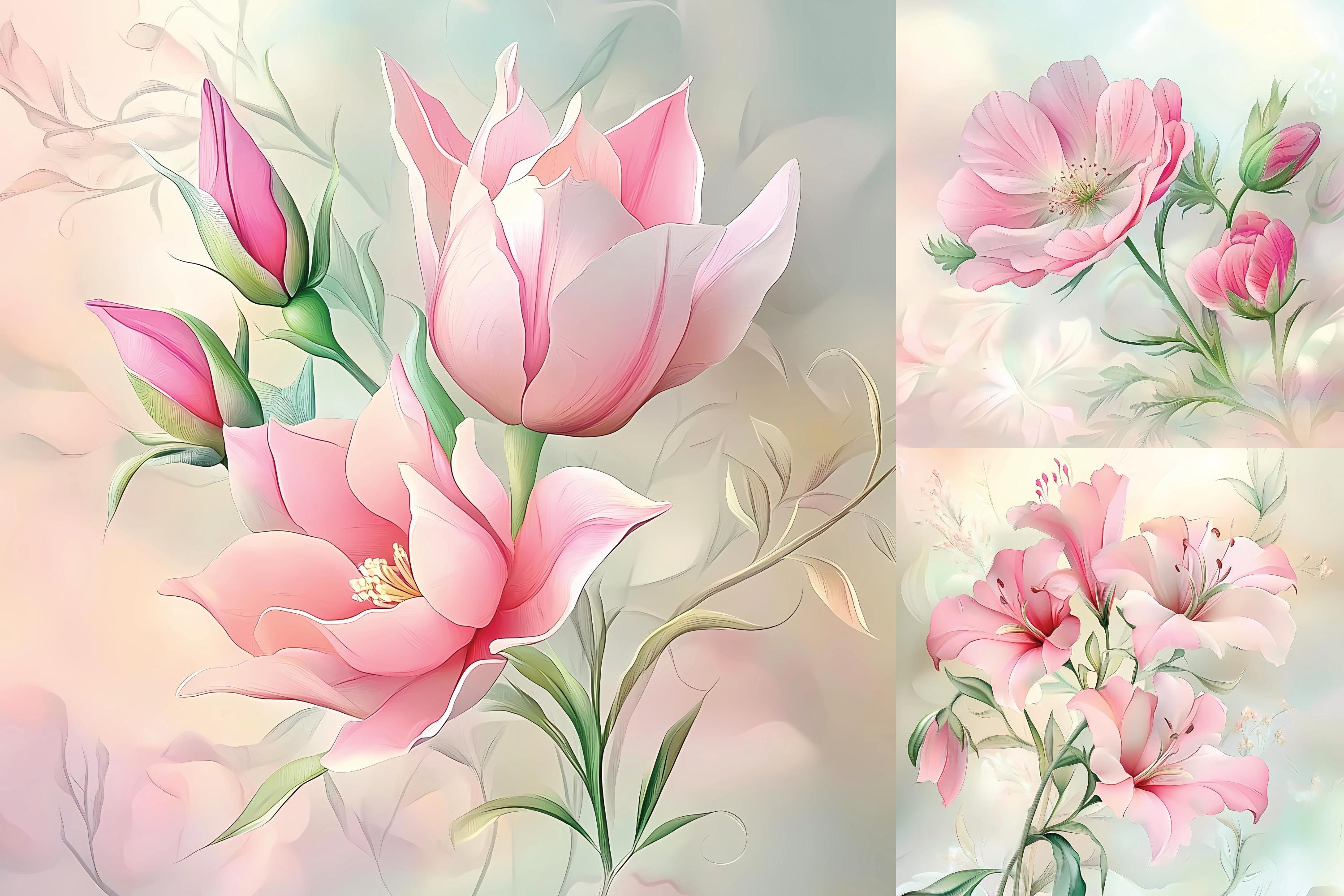 Pastel Spring Flower Digital Paper Set: Pastel Pink Green Floral ...
