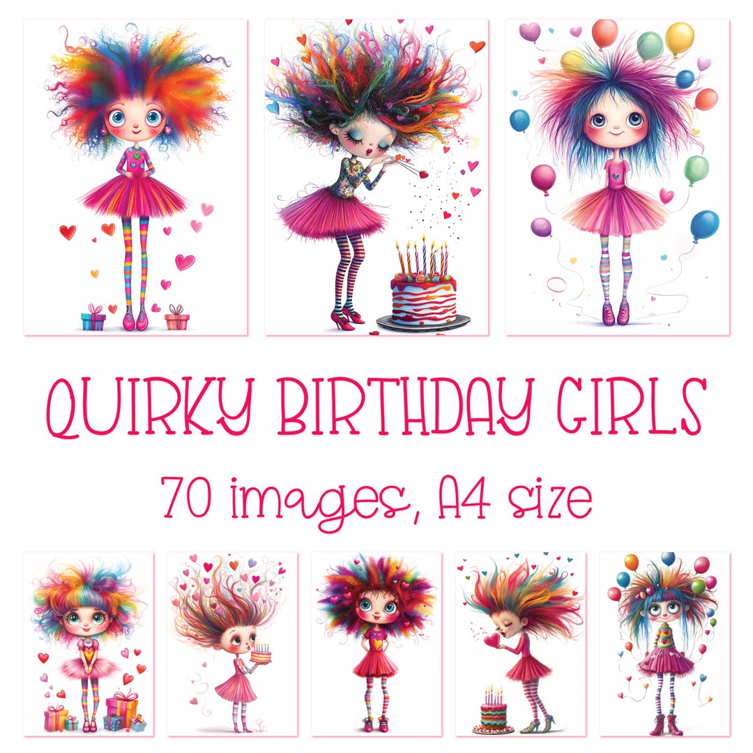 Quirky Pink Birthday Girl Digital Paper Bundle for DIY Cards, Birthday ...