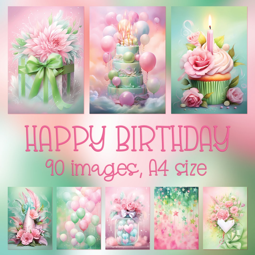 Happy Birthday Pink Green Watercolor Printable Digital Paper Downloads ...