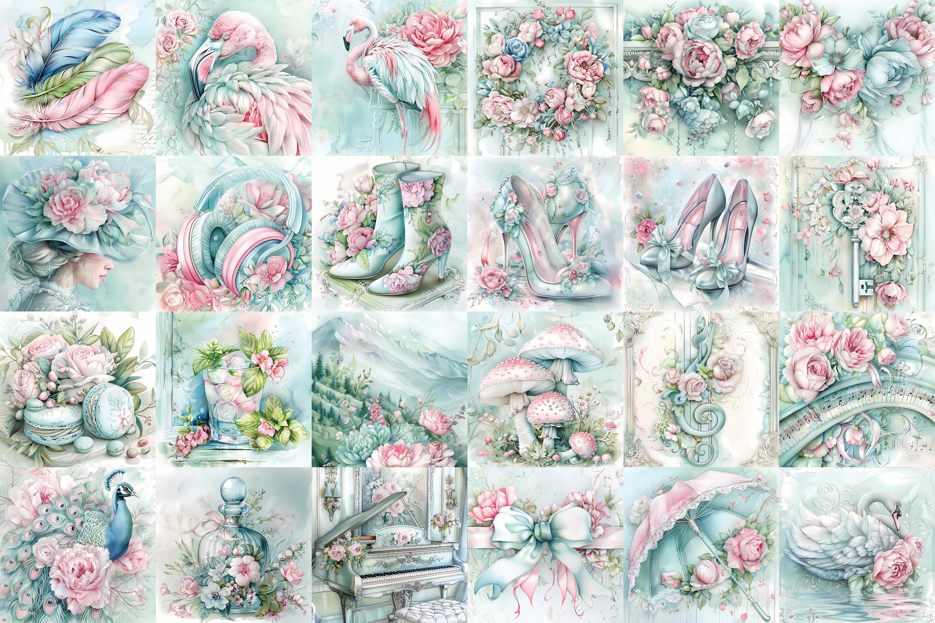 Shabby Chic Scrapbook Paper Bundle, Romantic Wall Art, Vintage ...