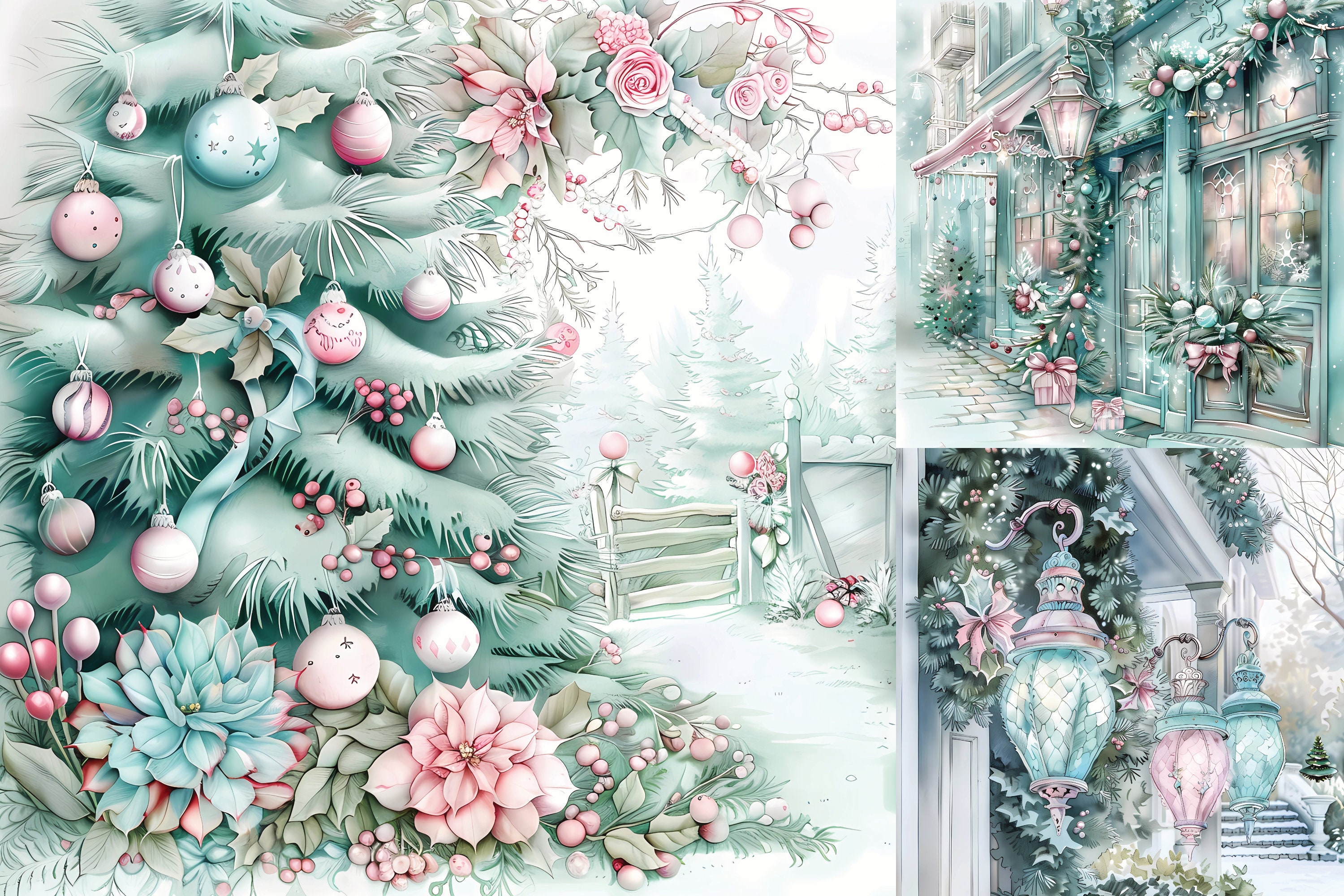 Mint Green Pink Christmas: Digital Paper Bundle, Scrapbooking & Crafts ...