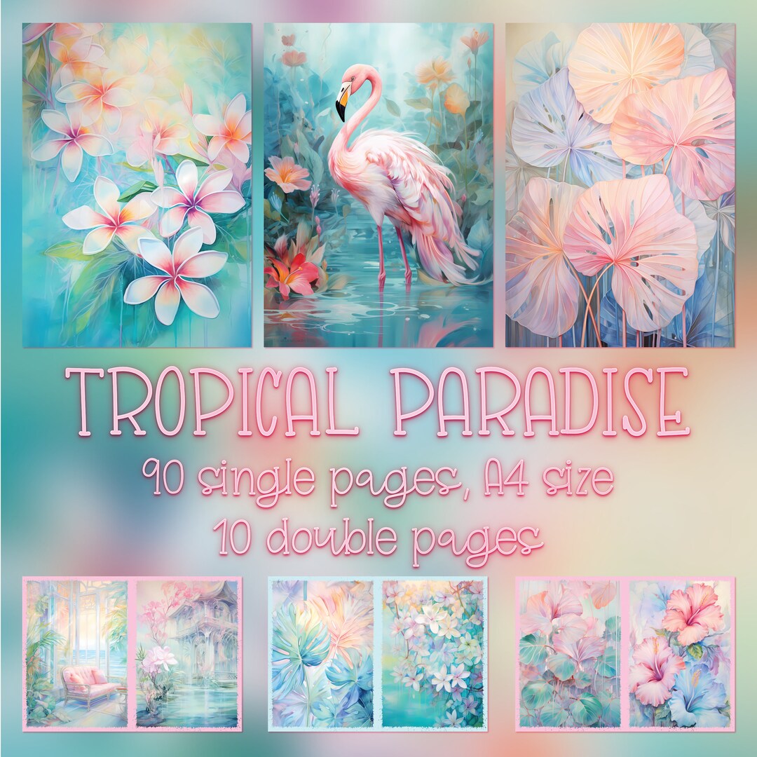 Tropical Paradise Printable Digital Papers. A4 Size, Single and Double ...