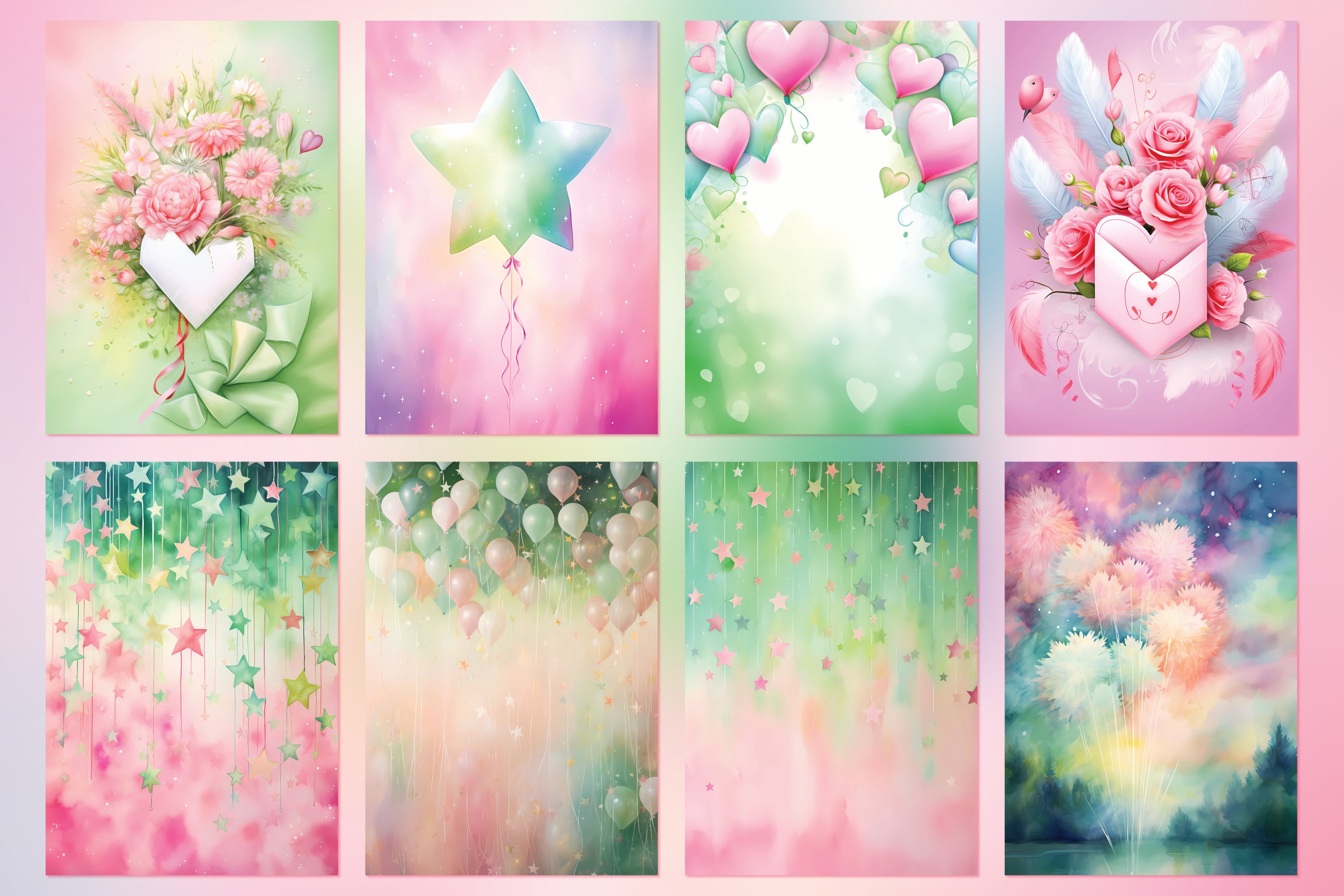 Happy Birthday Pink Green Watercolor Printable Digital Paper Downloads ...