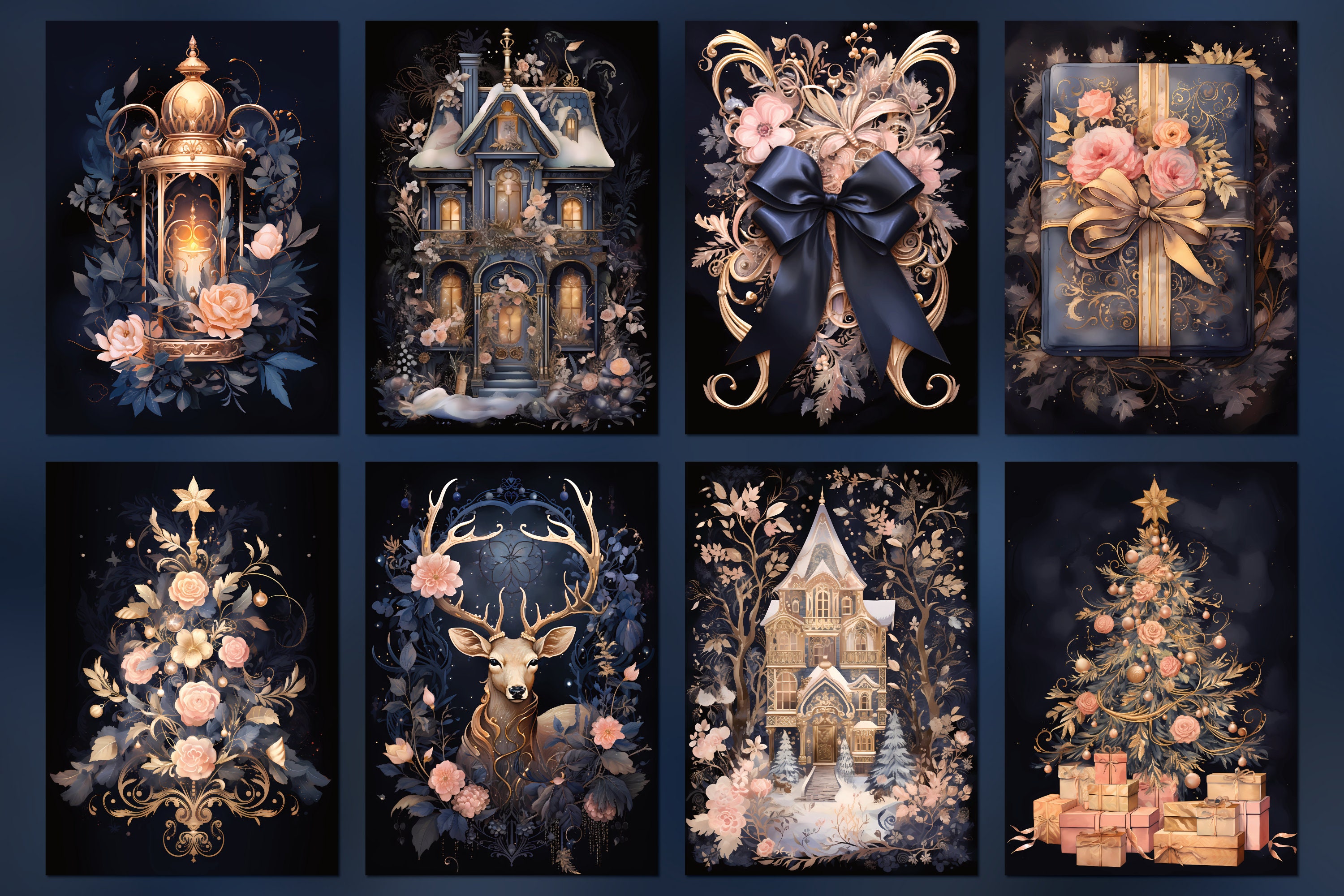 Navy Blue Christmas Printable Digital Papers. A4 Size, Single and ...