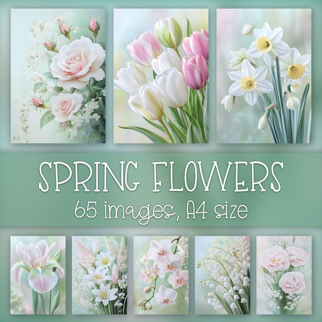Spring Flowers Digital Paper Bundle: Pastel Green White Floral ...