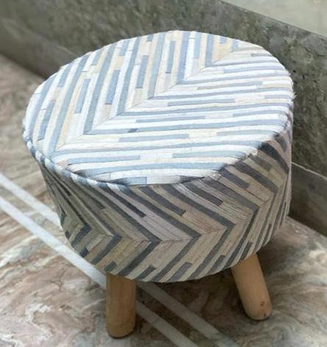 Leather Hide Ottoman Patchwork Cowhide Ottoman Darlington Upholstered ...