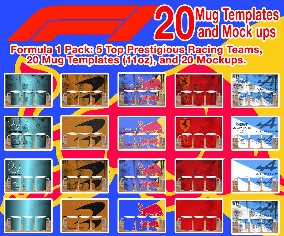 Formula 1 Pack: 5 Top Prestigious Racing Teams, 20 Mug Templates (11oz ...