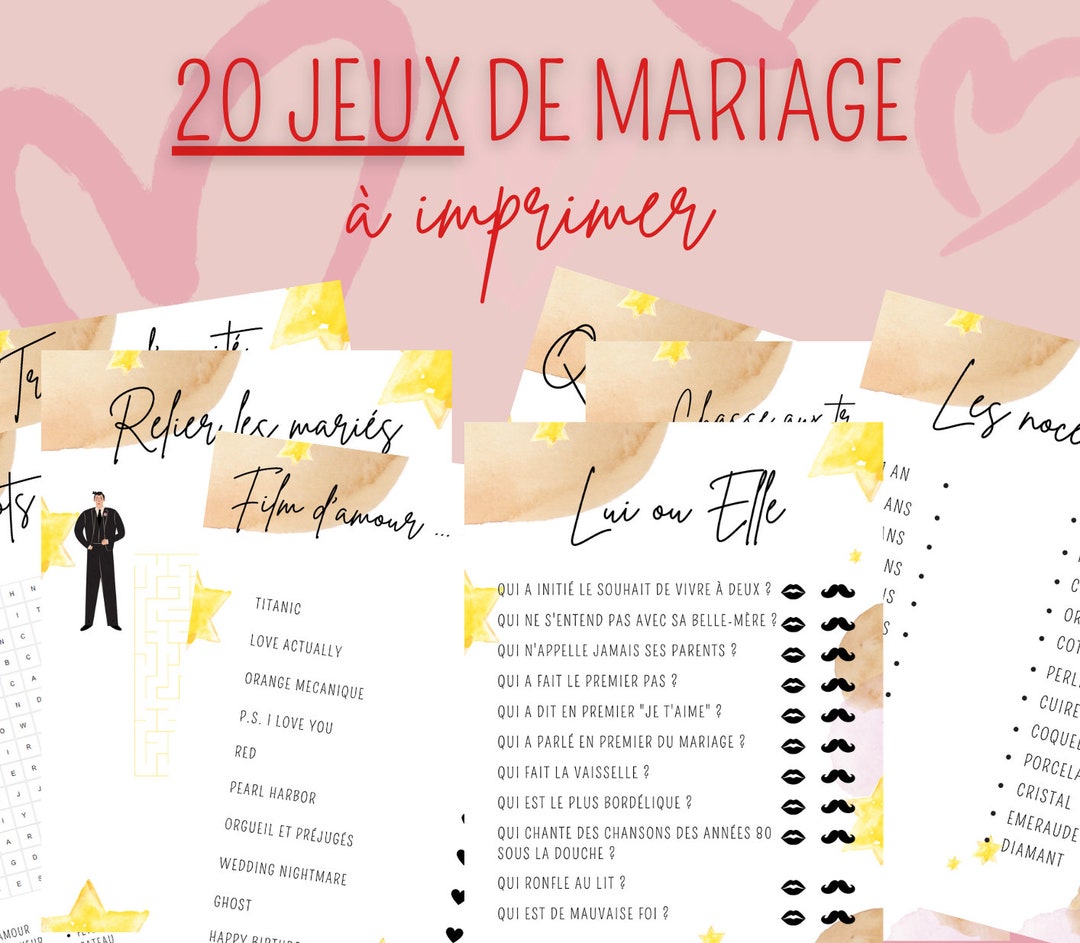 Jeux mariage à imprimer Pack de 20 Jeux pour mariage en français jeu ...