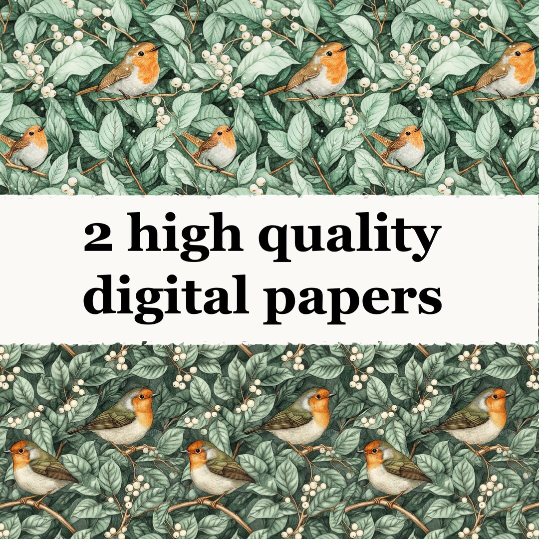 Christmas Robins & Green Leaves Digital Paper | Festive Robins and ...