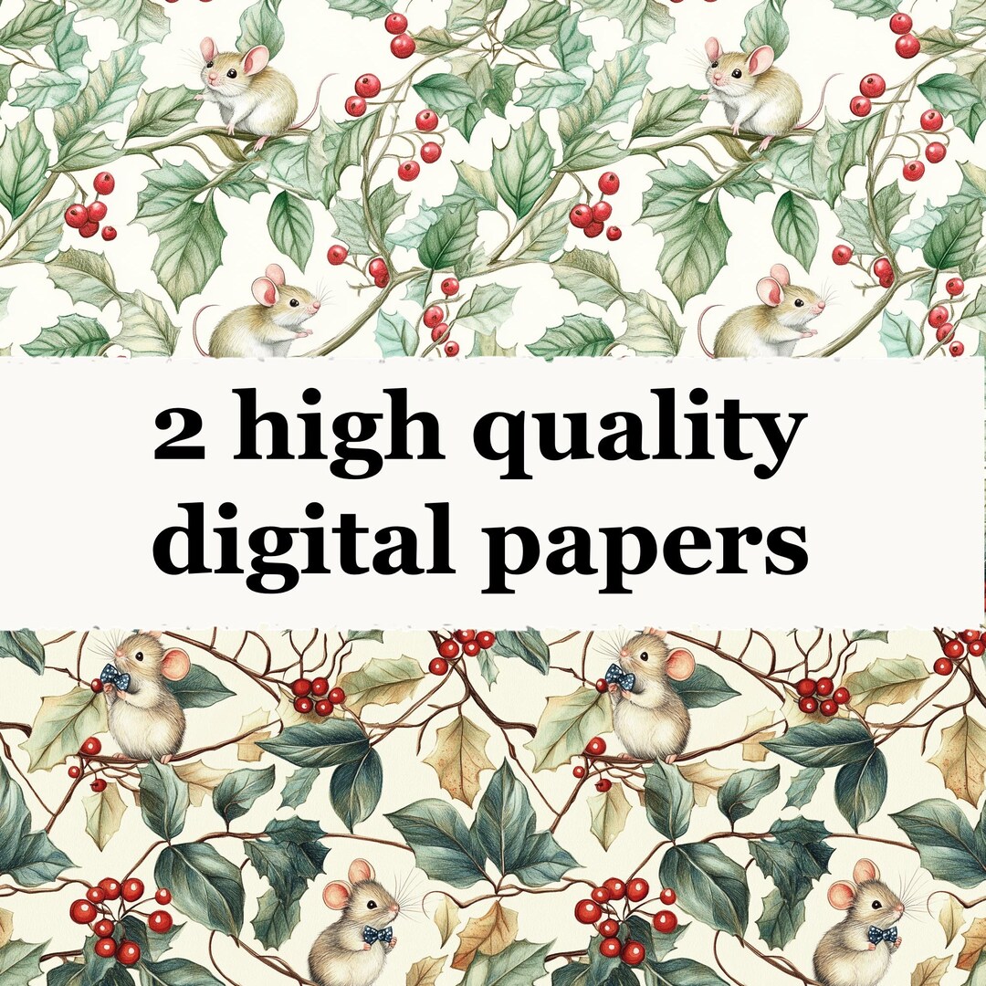 Christmas Mice & Holly Digital Paper | Festive Mice and Berries ...