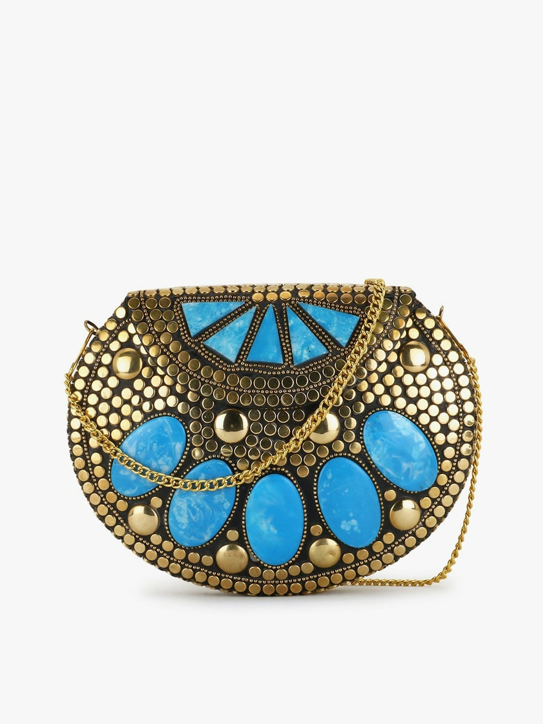 Gold Toned & Blue Half Moon Clutch, Party Clutch, Fancy Clutches ...