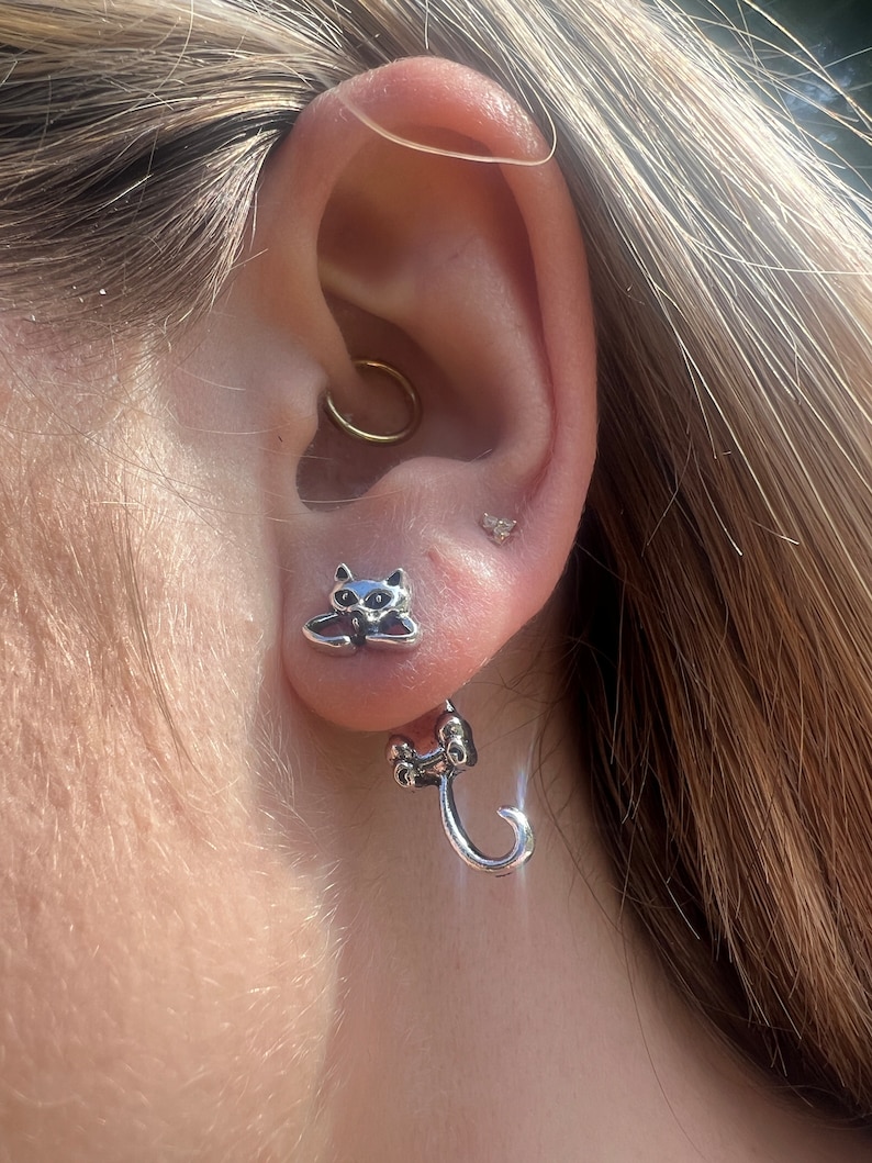 Cat Stud Front and Back Earrings, Cat Ear Jacket Cat Front Back ...