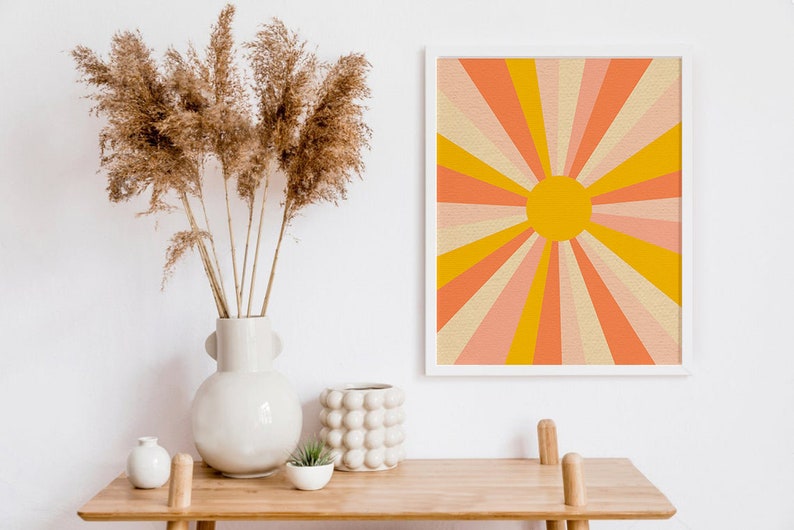 Retro Sunburst Print, Boho Sun Poster, Printable Wall Art, Abstract Sun ...
