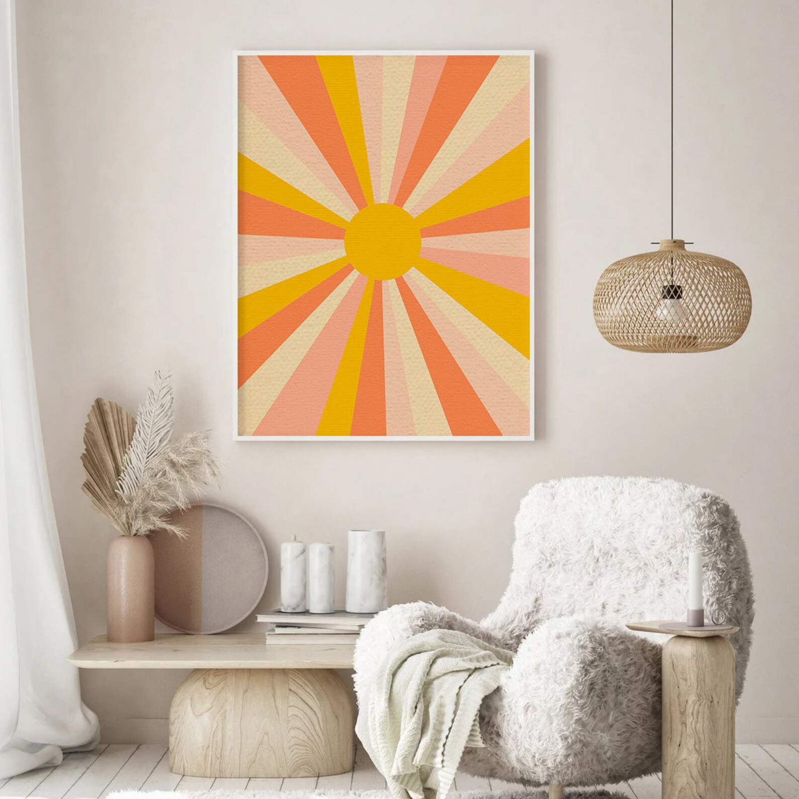 Retro Sunburst Print, Boho Sun Poster, Printable Wall Art, Abstract Sun ...