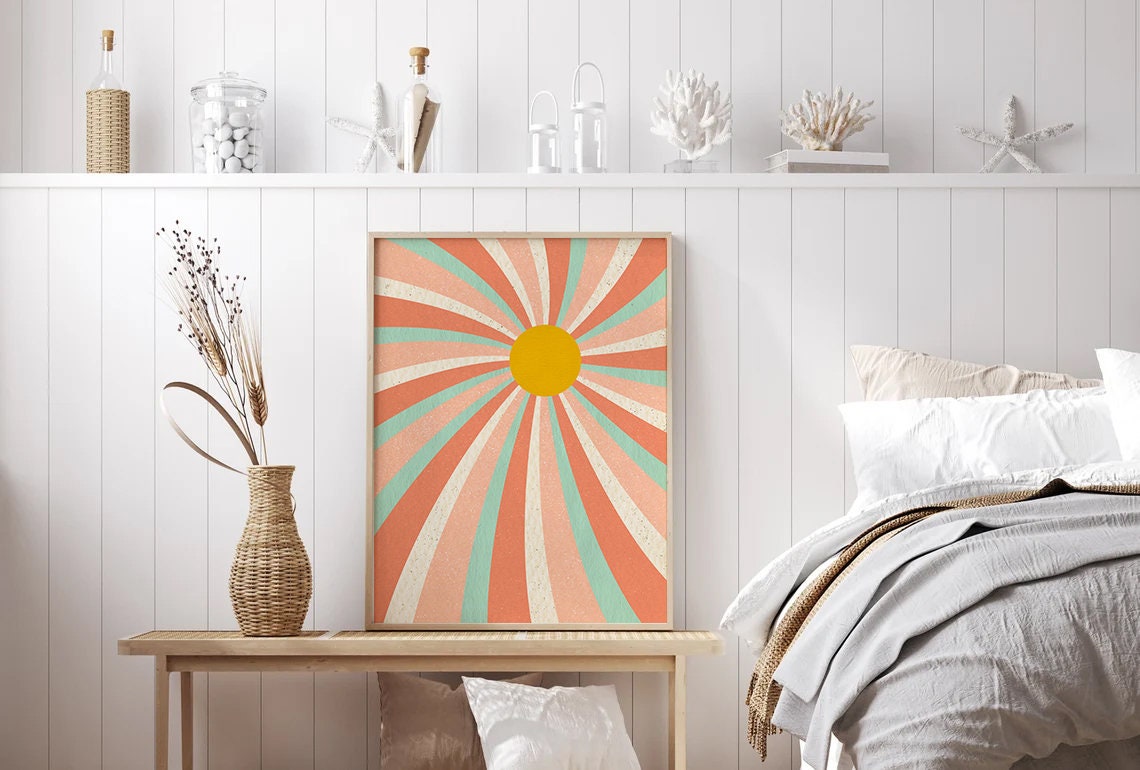 Retro Sunburst Print, Boho Sun Poster, Printable Wall Art, Abstract Sun ...