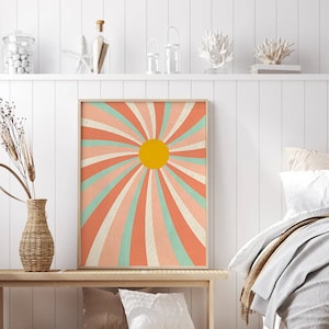 Retro Sunburst Print, Boho Sun Poster, Printable Wall Art, Abstract Sun ...
