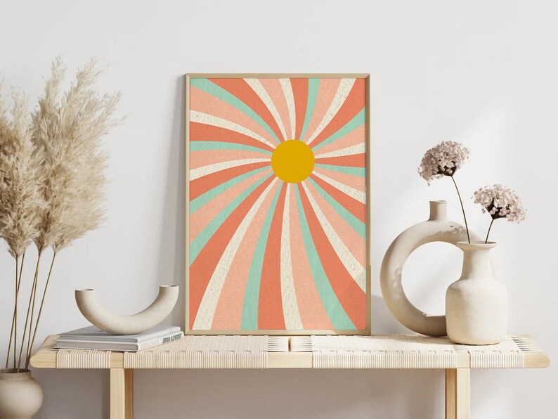 Retro Sunburst Print, Boho Sun Poster, Printable Wall Art, Abstract Sun ...