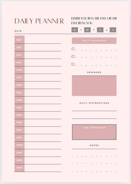 Editable and Printable Daily Planner & Self-care Checklist dusty Pink ...