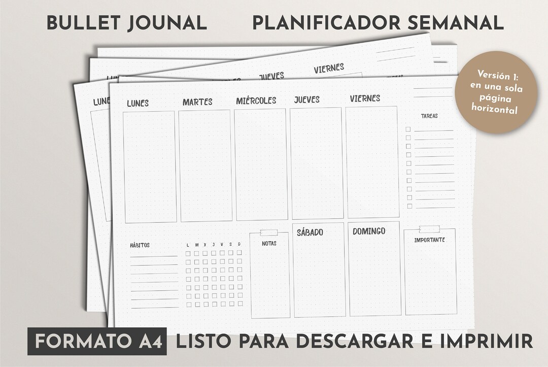 Bullet Journal. Weekly Planner in Spanish. Downloadable Printable. Mesh ...