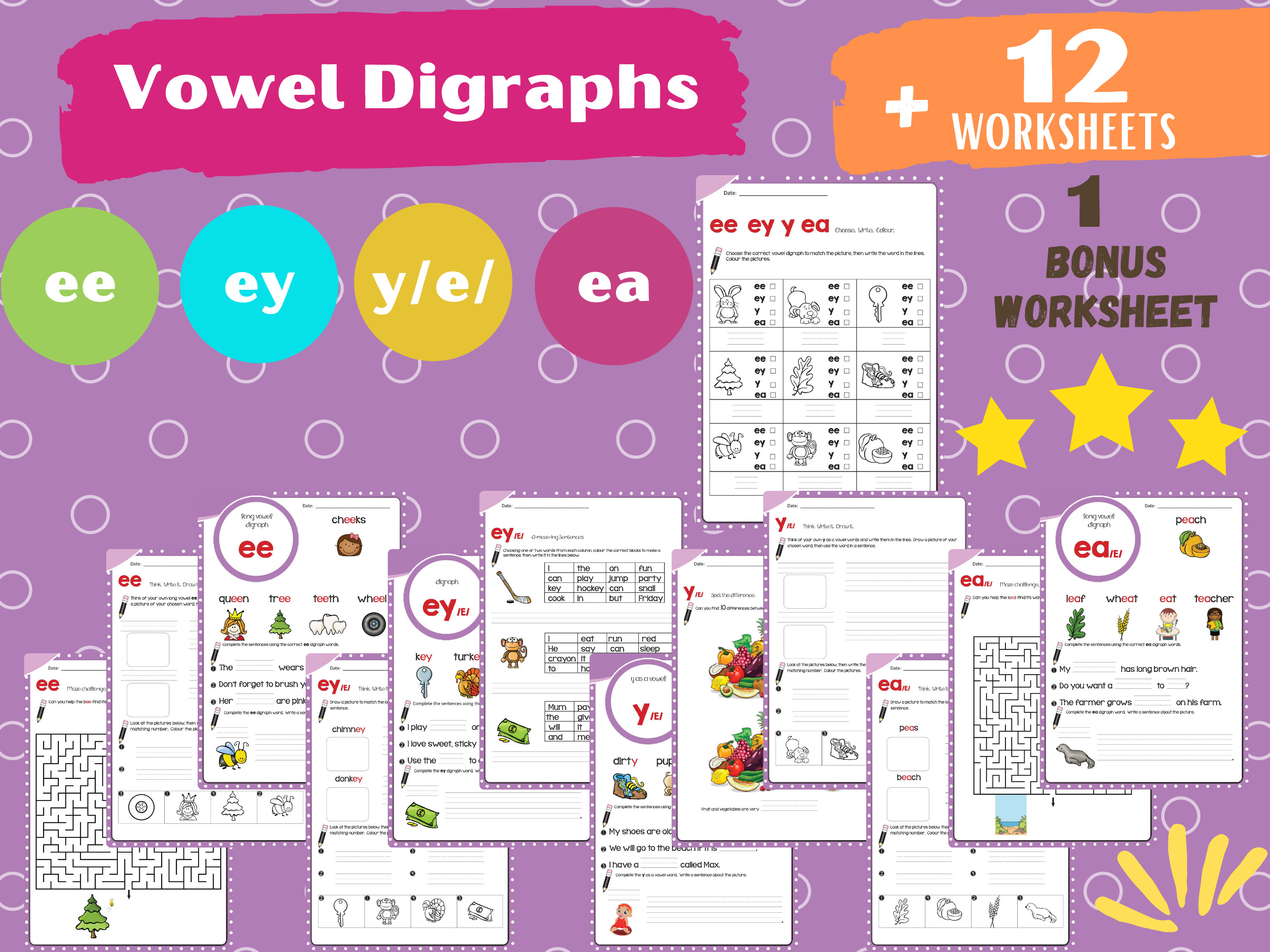 Vowel Digraphs. Phonics and Maze Activity Worksheets for Homeschool and ...