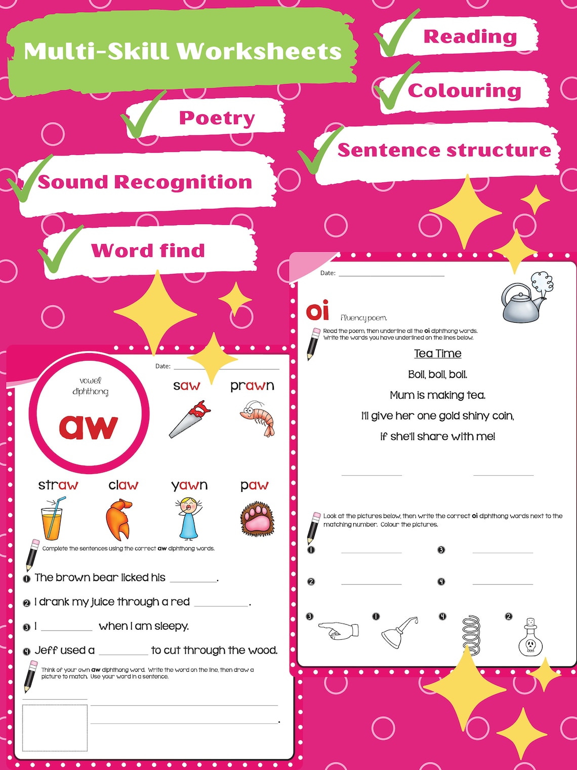 Vowel Diphthongs -au -aw -ow -ou -oy -oi. Long Vowel Sounds Worksheets ...