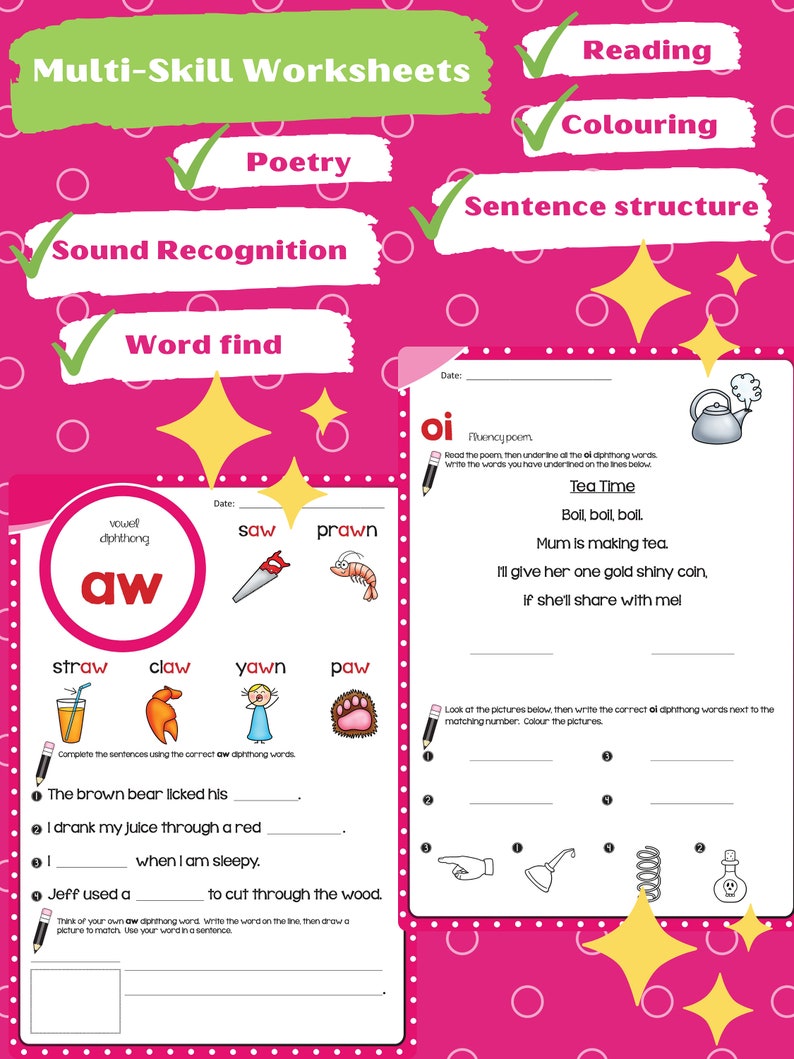 Vowel Diphthongs -au -aw -ow -ou -oy -oi. Long Vowel Sounds Worksheets ...